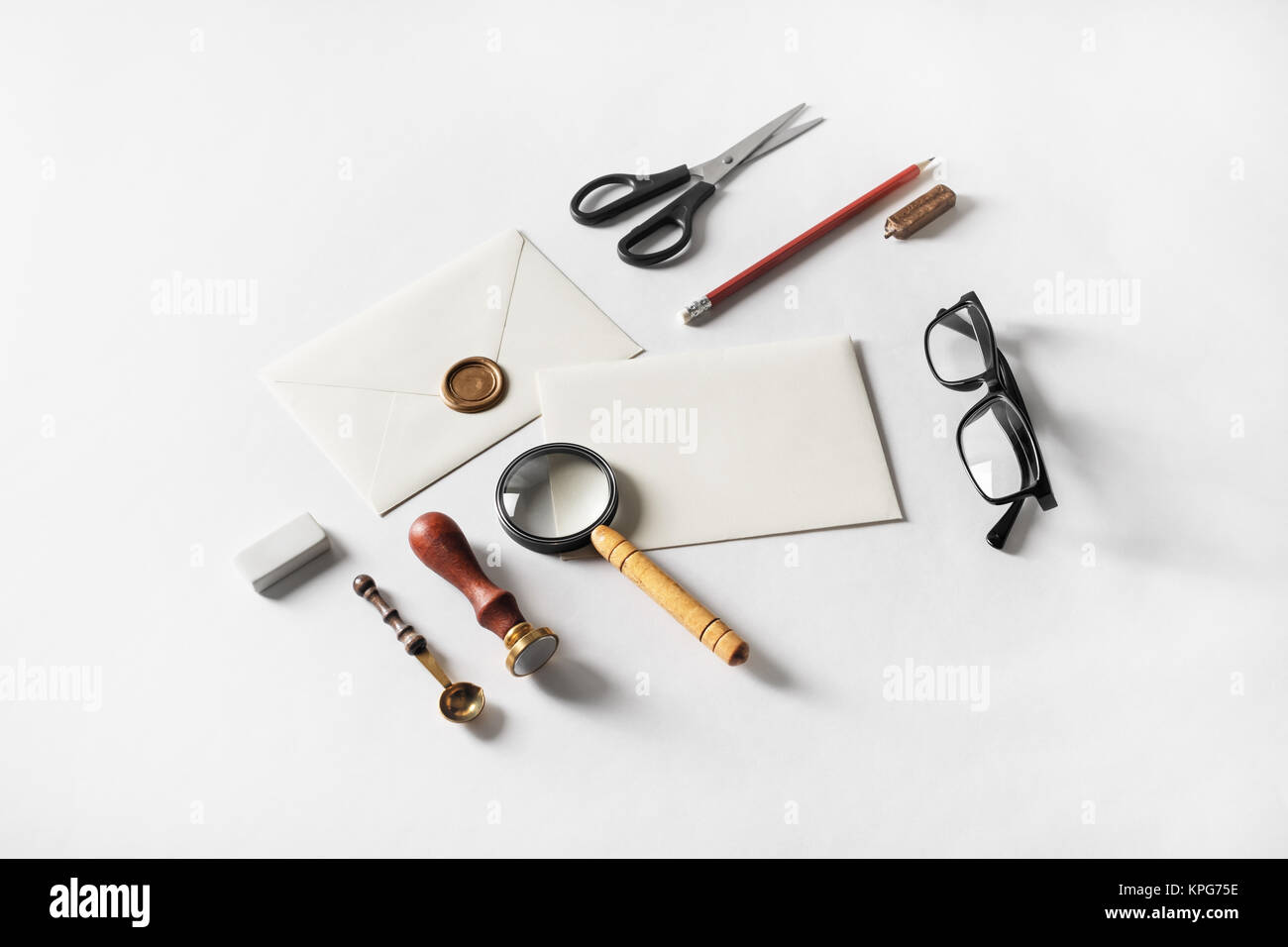 Vintage stationery set on white paper background Stock Photo - Alamy