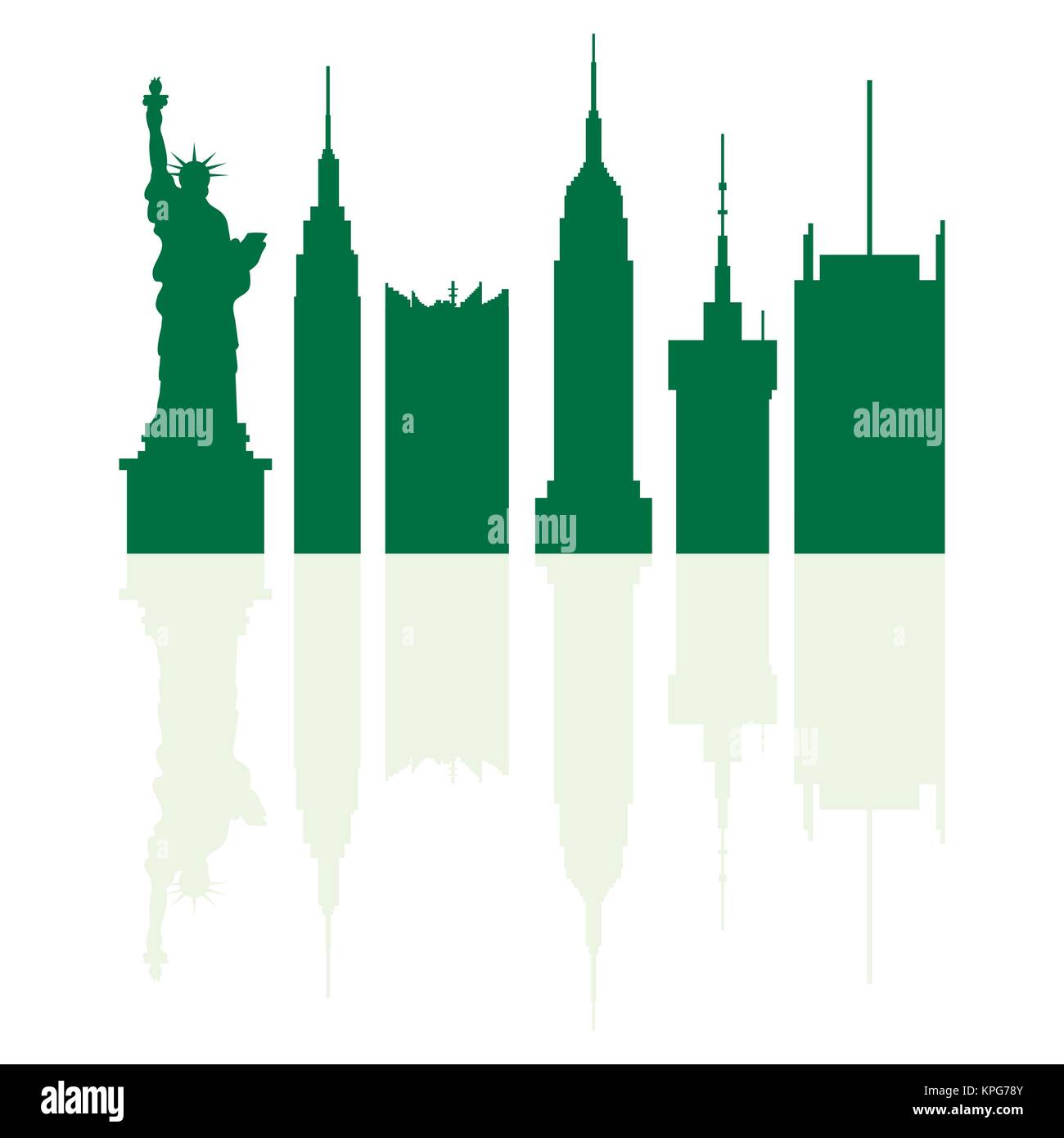 Silhouettes of Statue of Liberty and modern buildings in the USA. Tall ...