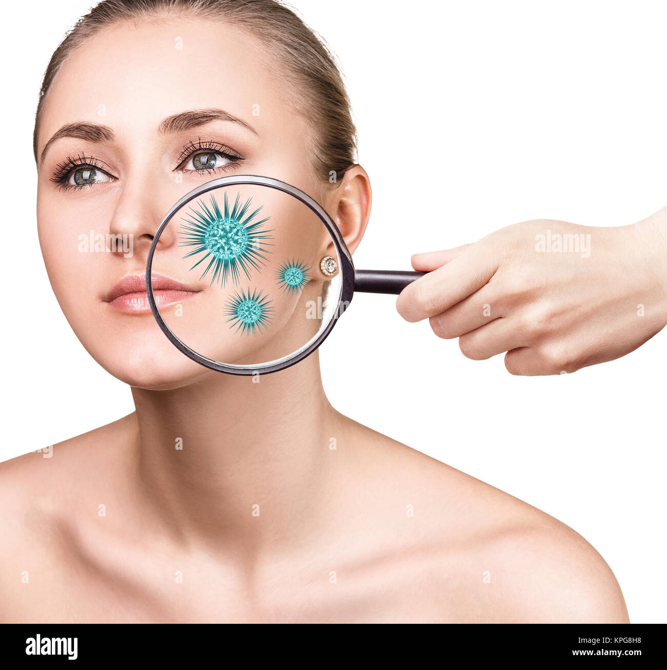 Magnifying glass with microbes on female face Stock Photo - Alamy