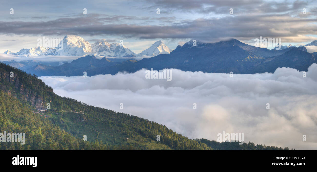Asia, Bhutan. Mount Jumolhari at 7,300m seen from Chelela Pass, which ...