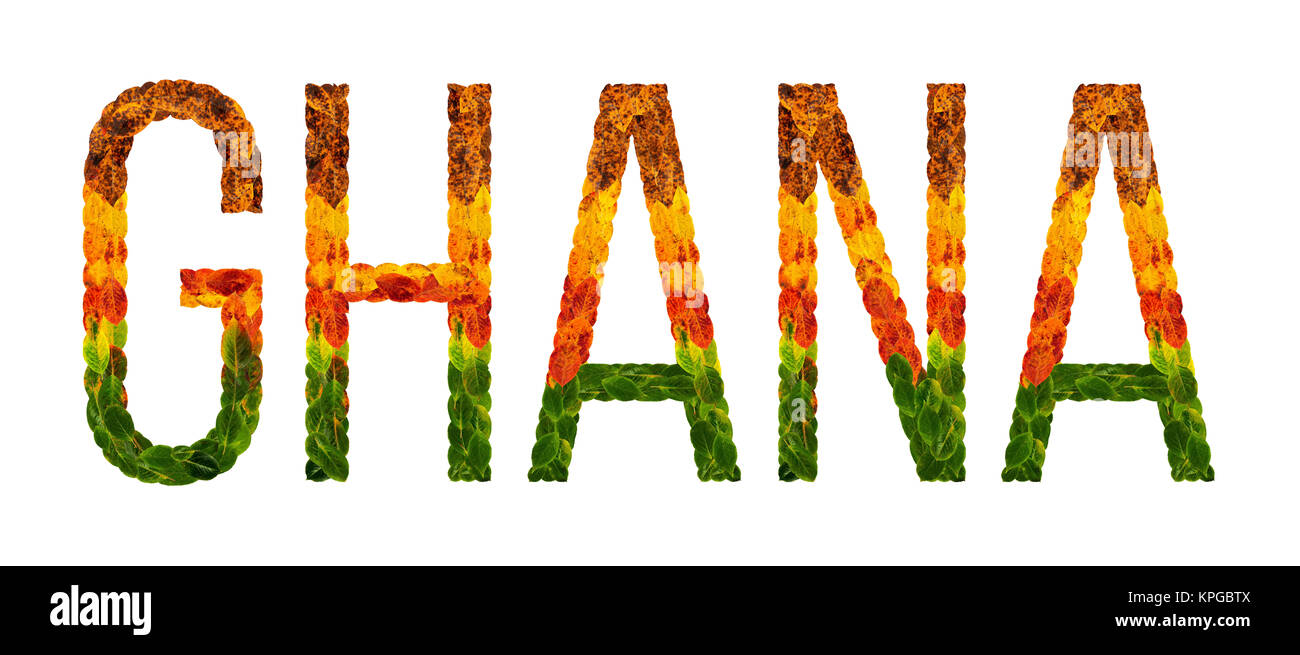 word Ghana country is written with leaves on a white insulated ...