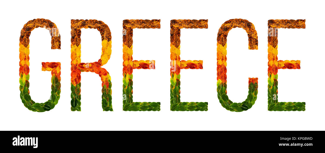 word greece country is written with leaves on a white insulated ...