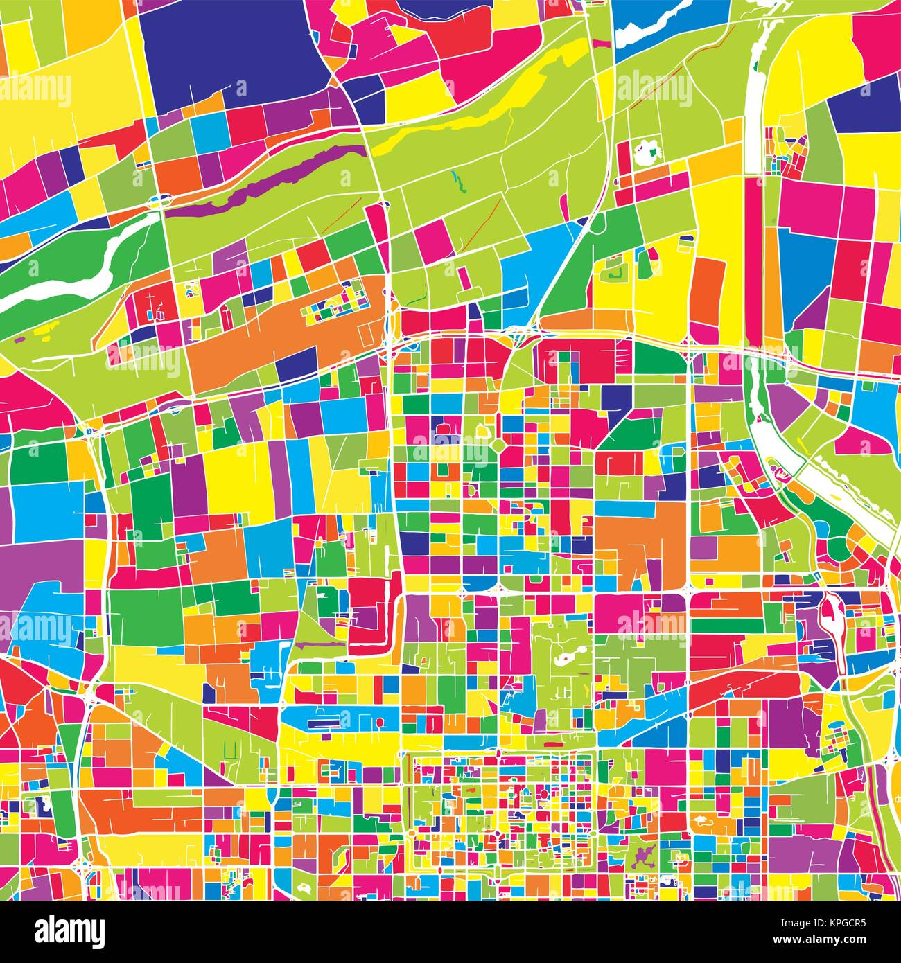 Xi'an, China, colorful vector map. White streets, railways and water ...