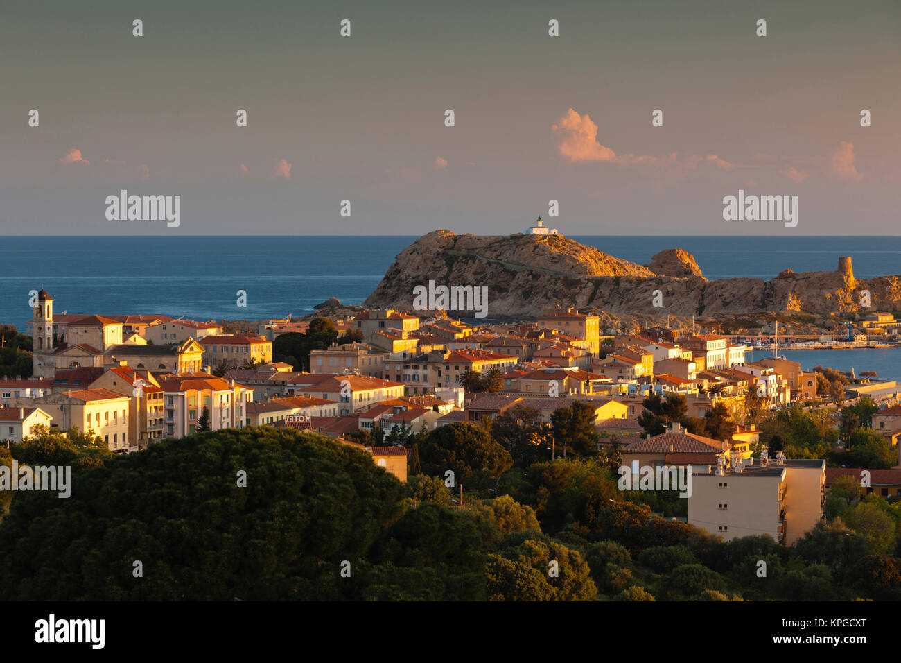 France, Corsica, La Balagne, Ile Rousse, elevated city view with Ile de ...