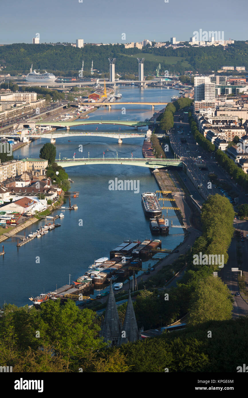 France, Normandy, Rouen, elevated city view above Seine River, morning ...