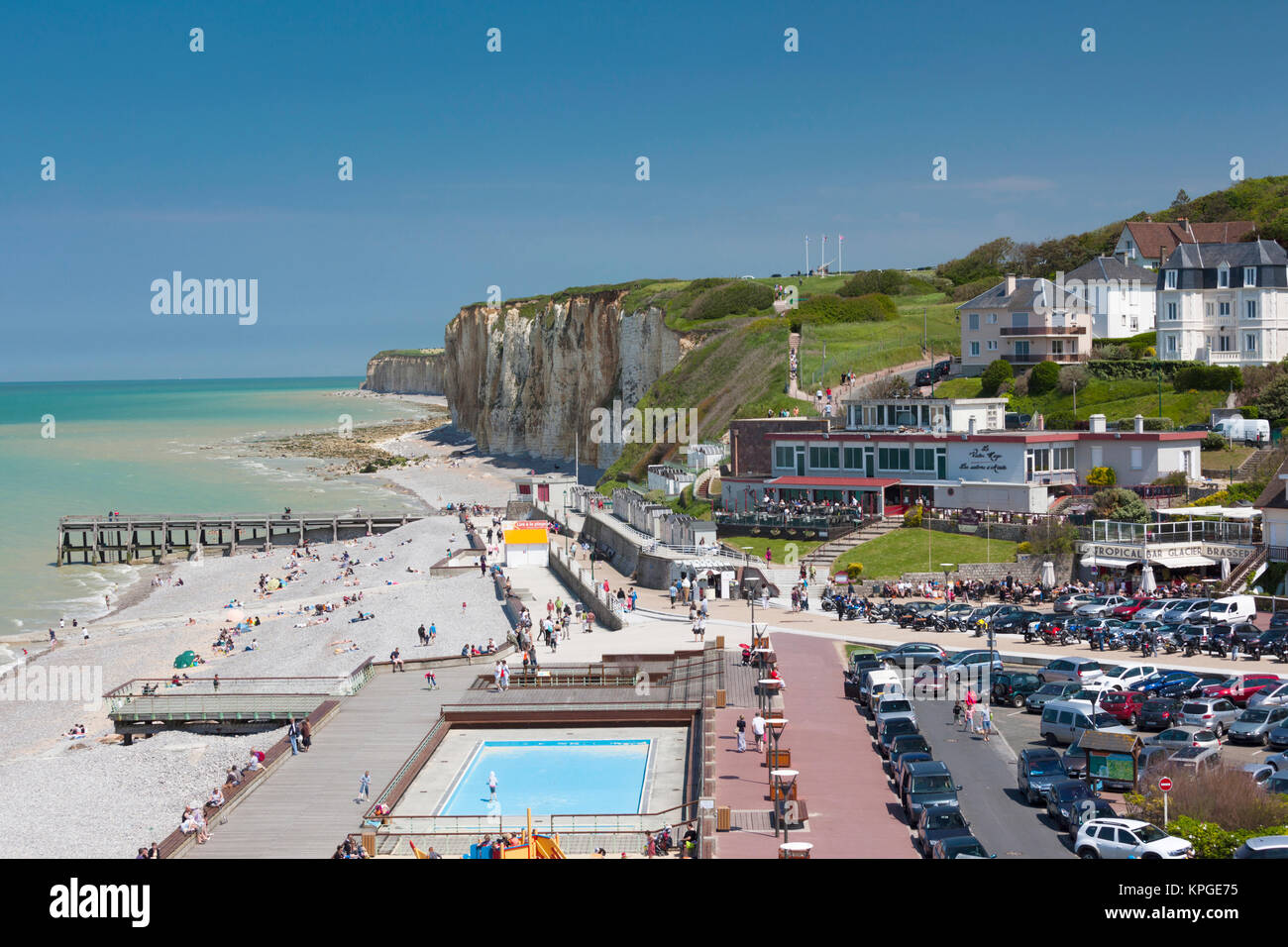 France, Normandy, Veules les Roses, elevated view of town and beach ...