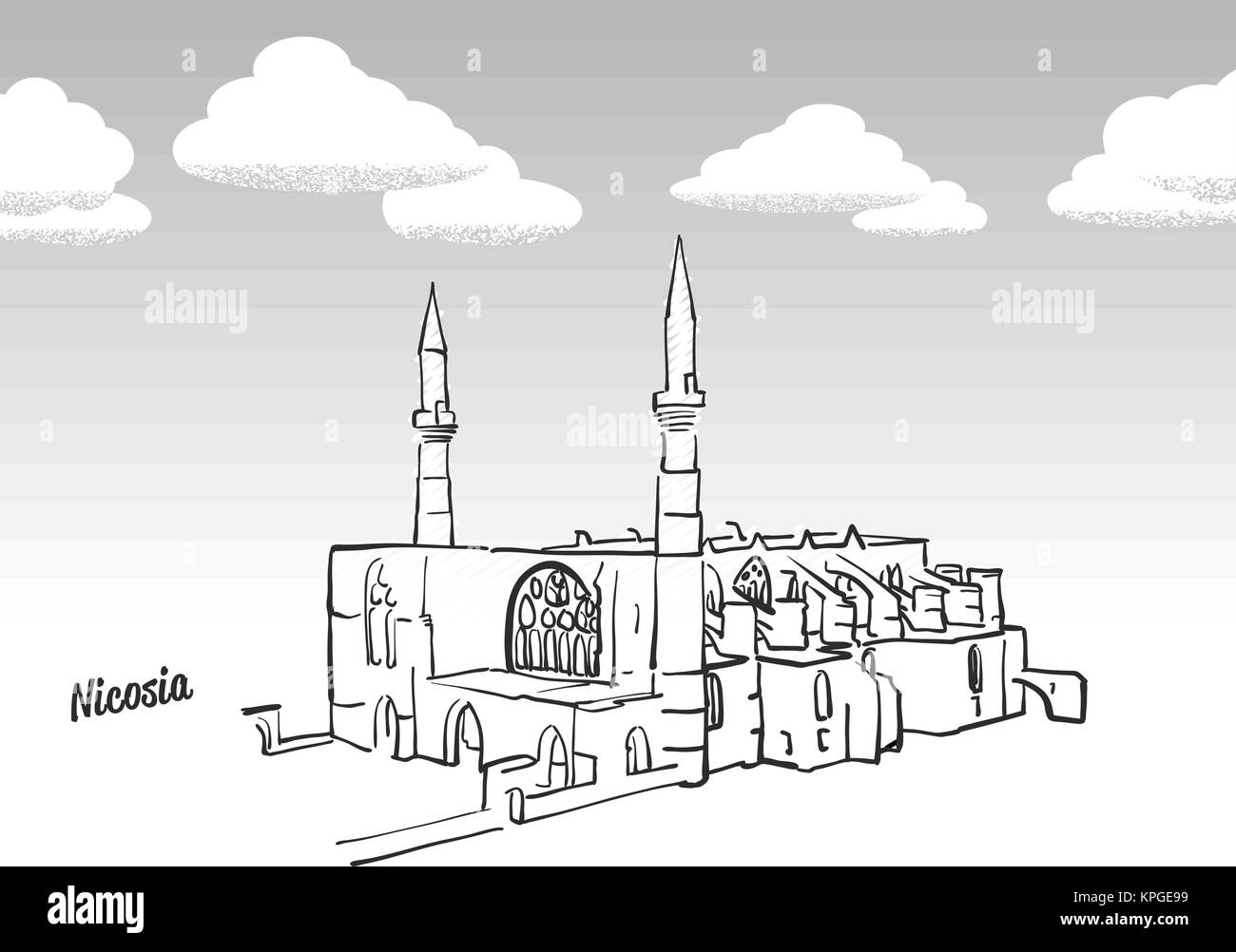 Nicosia, Cyprus famous landmark sketch. Lineart drawing by hand ...