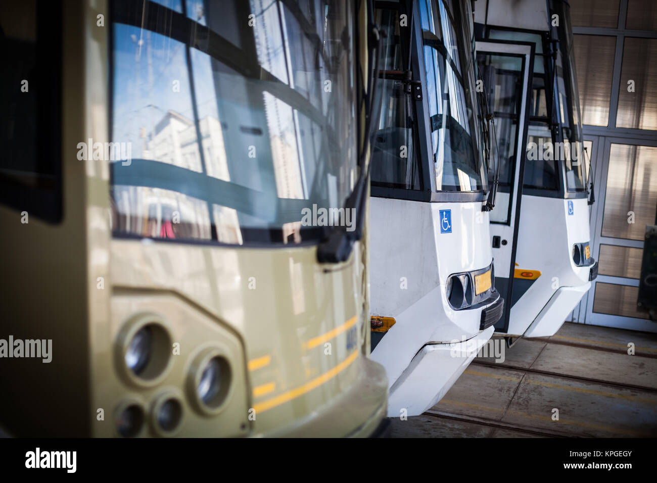 Trams in depot Stock Photo - Alamy