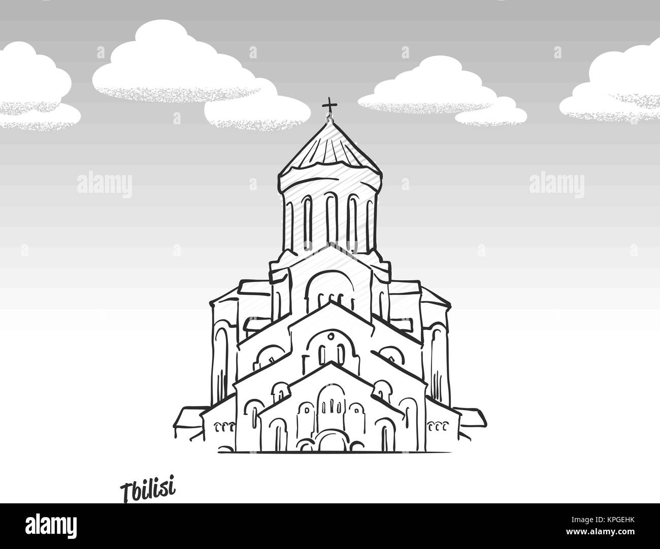 Tbilisi, Georgia famous landmark sketch. Lineart drawing by hand ...