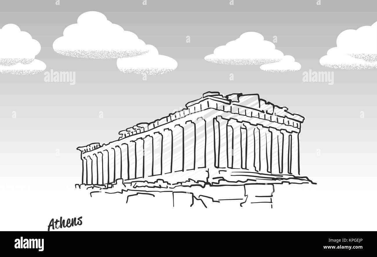 Athens, Greece famous temple sketch. Lineart drawing by hand. Greeting ...