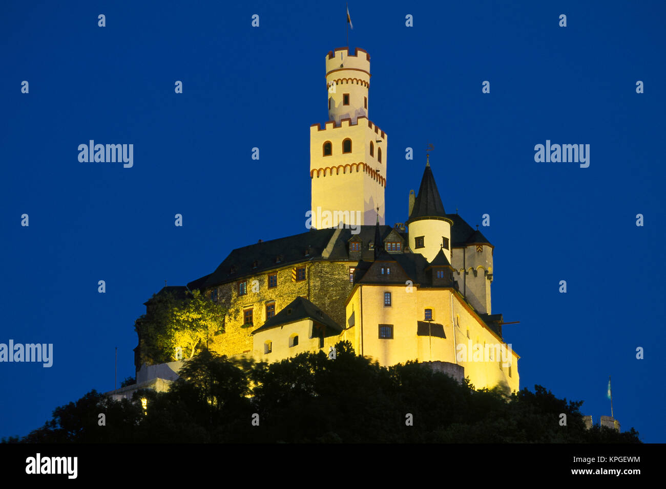 Germany, Braubach, Rhine Valley, Marksburg Castle at night, built 1117 ...