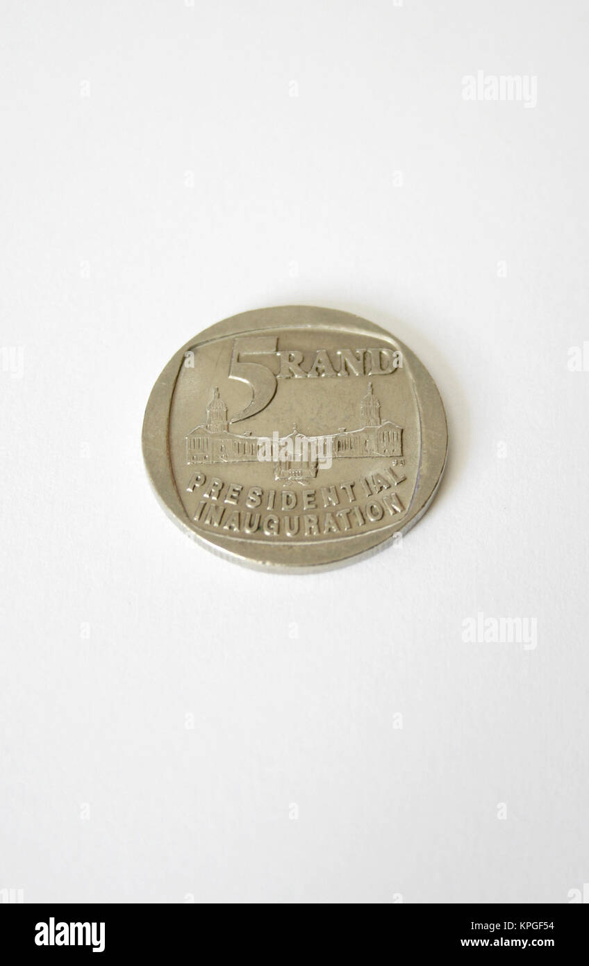 Close-up of an old Presidential Inauguration year 1994 five rand coin ...