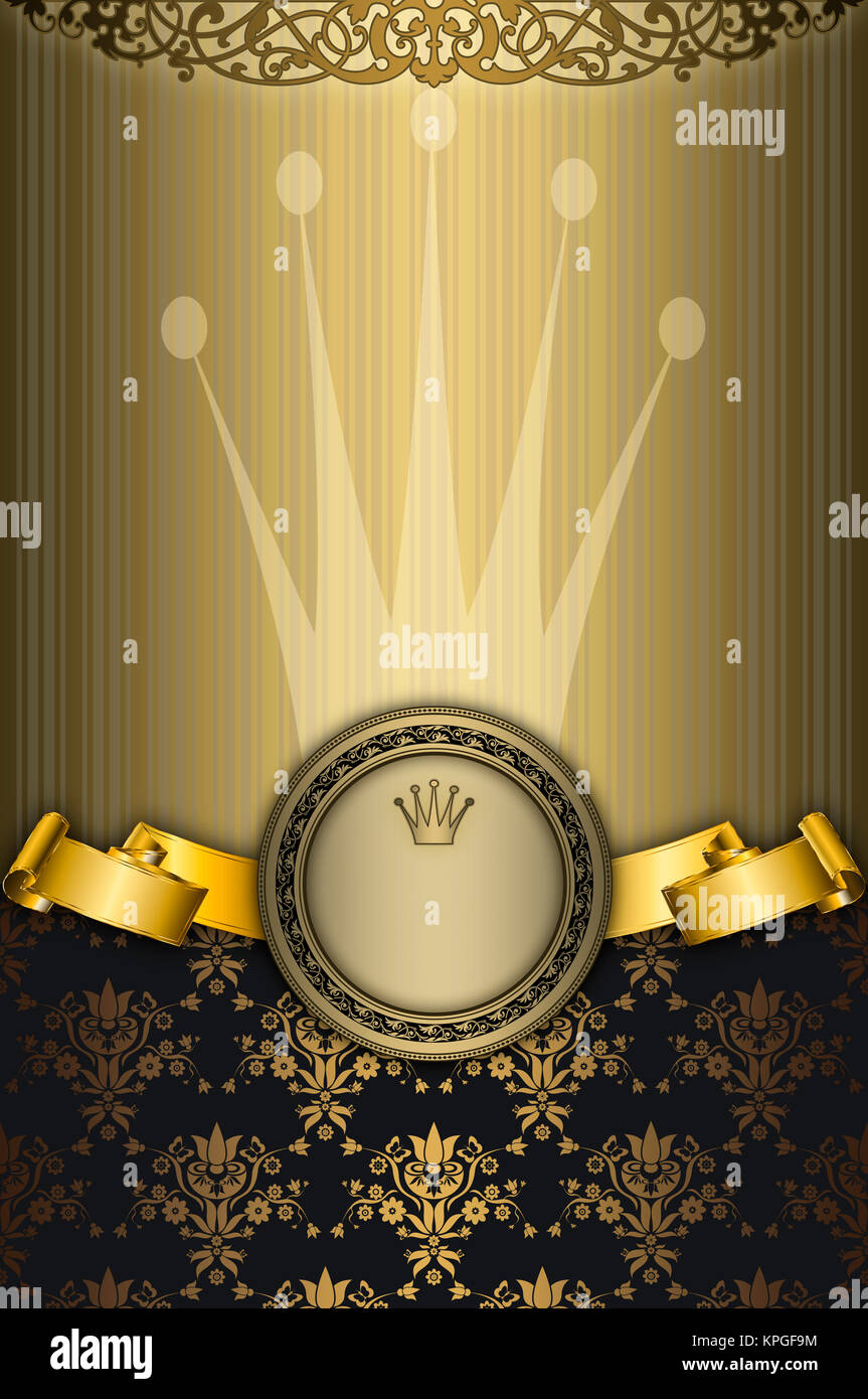 Gold ornate background with floral patterns,elegant ribbon and frame ...