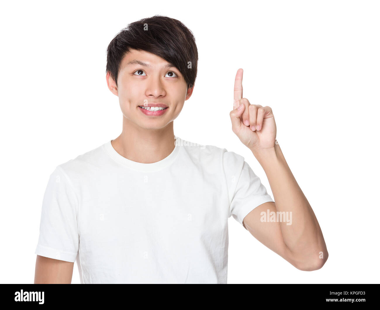 Asian young man with finger point up Stock Photo - Alamy