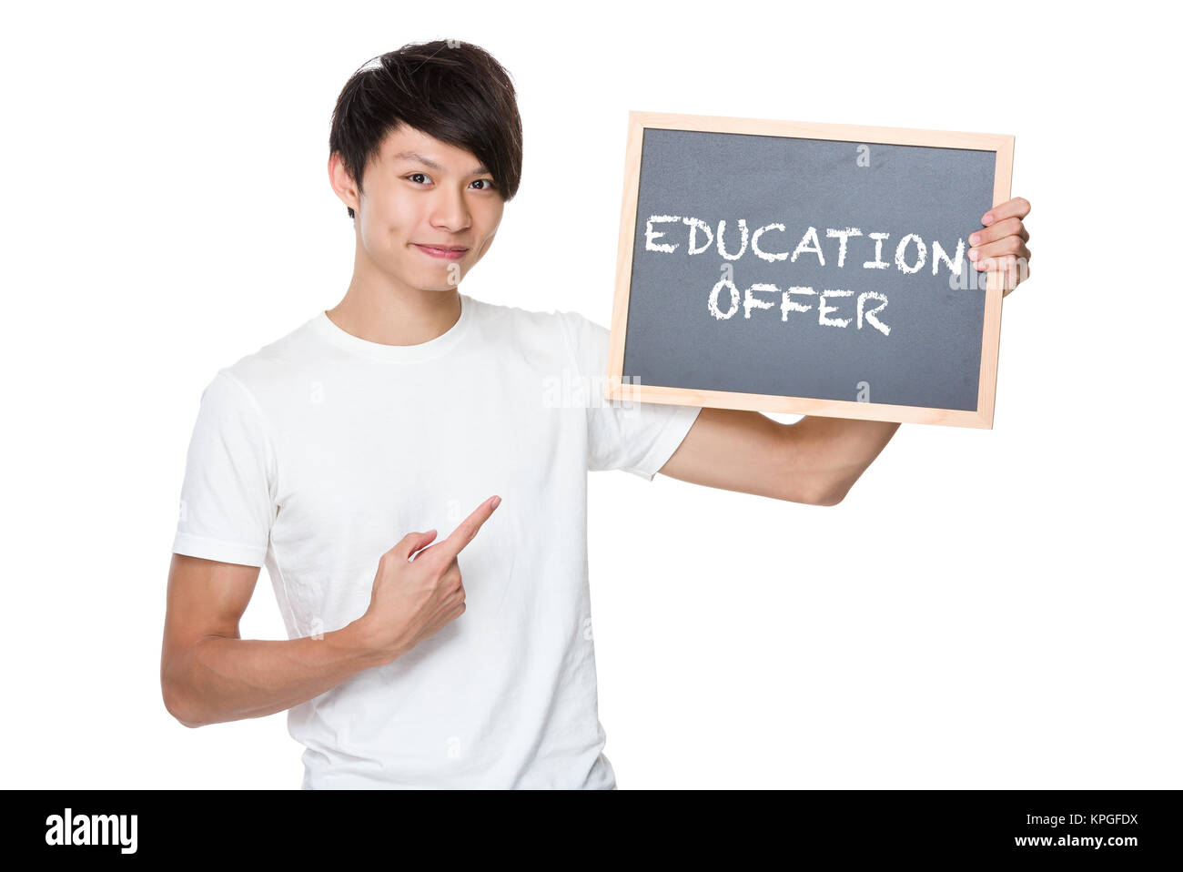 Man hold with chalkboard showing education offer Stock Photo - Alamy