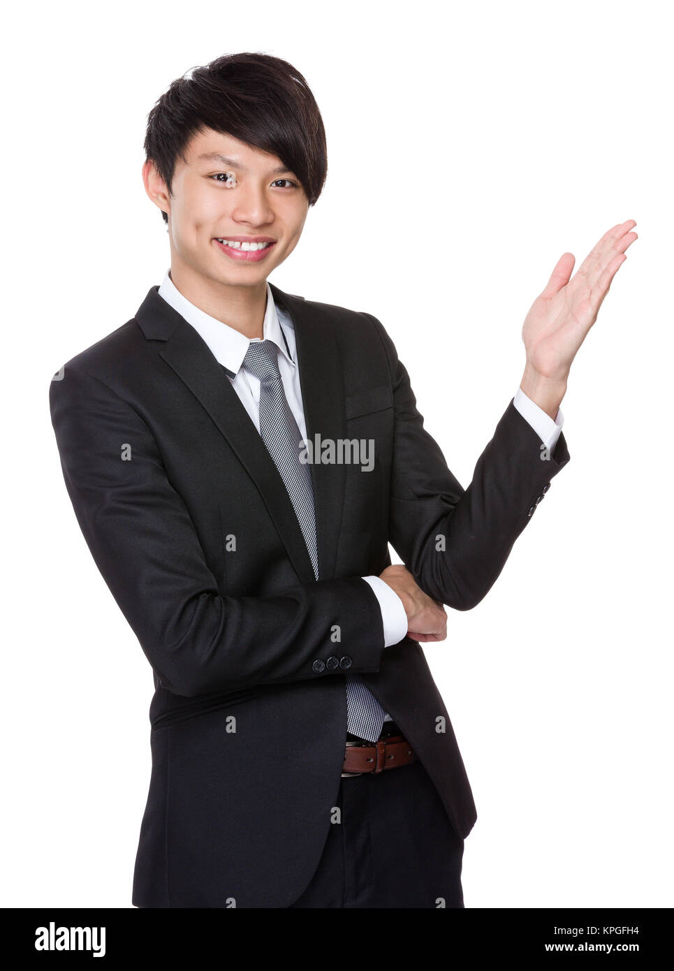 Young Businessman with open hand palm Stock Photo - Alamy
