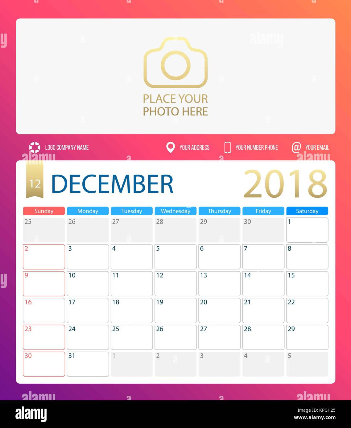 DECEMBER 2018, illustration vector calendar or desk planner, weeks ...