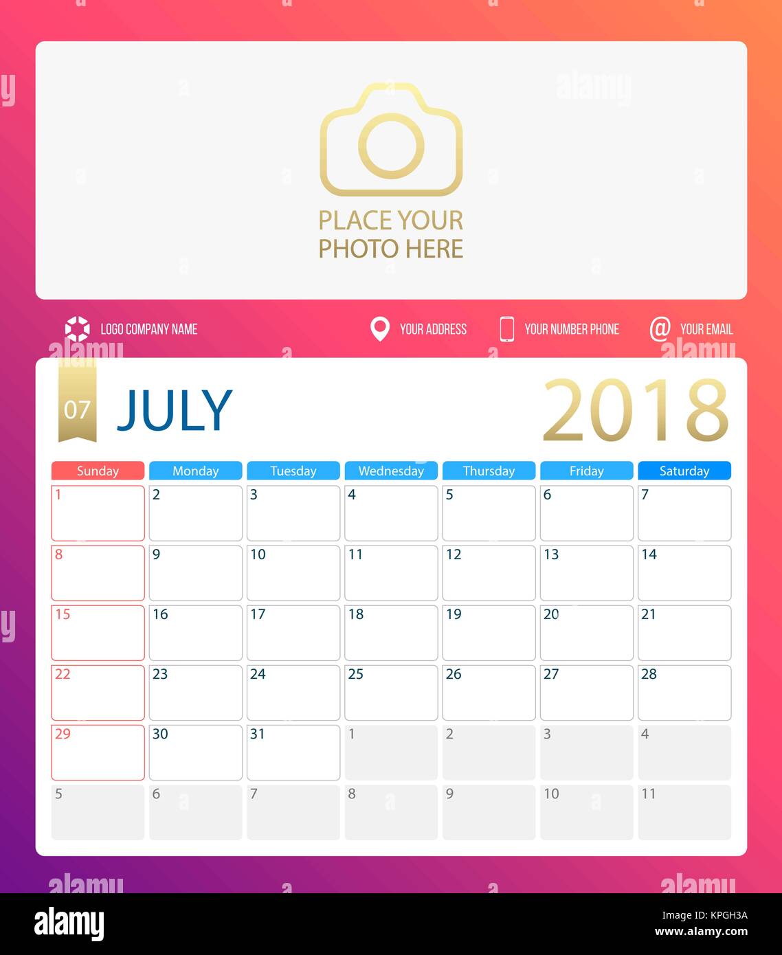JULY 2018, illustration vector calendar or desk planner, weeks start on ...