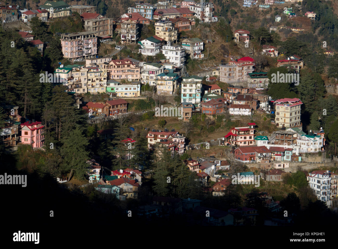 Apartment buildings and houses on side of mountain in Shimla, India ...
