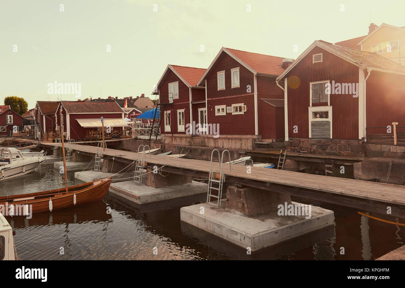Timber cabins on waterfront, Oregrund harbour, Uppsala County, Sweden ...