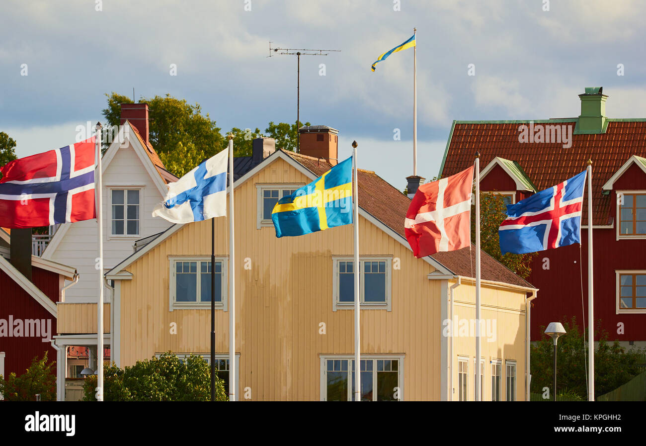 Flags of Norway, Finland, Sweden, Denmark and Iceland, Oregrund, Sweden ...