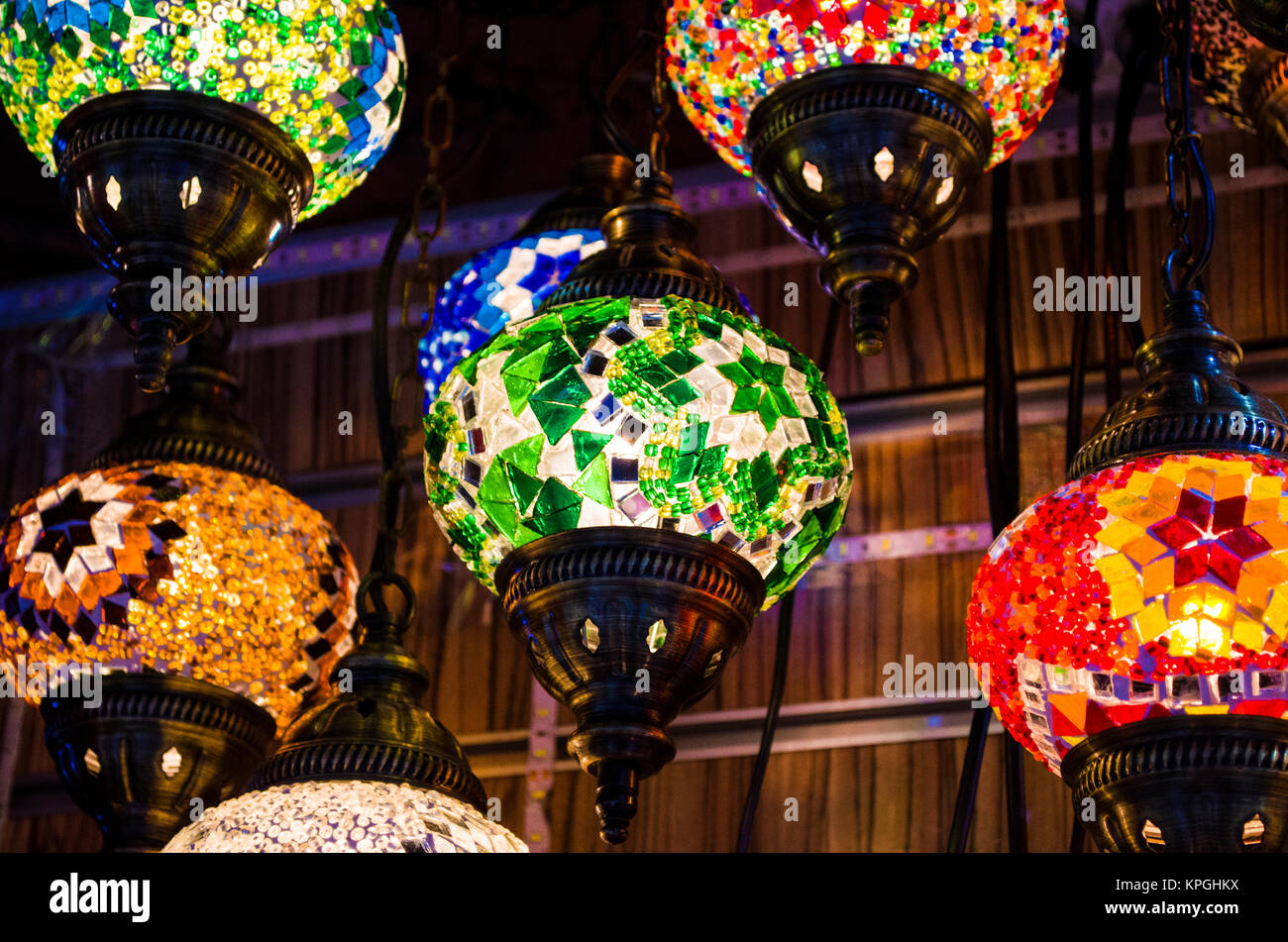 row of traditional handmade turkish lamps in souvenir shop middle east ...