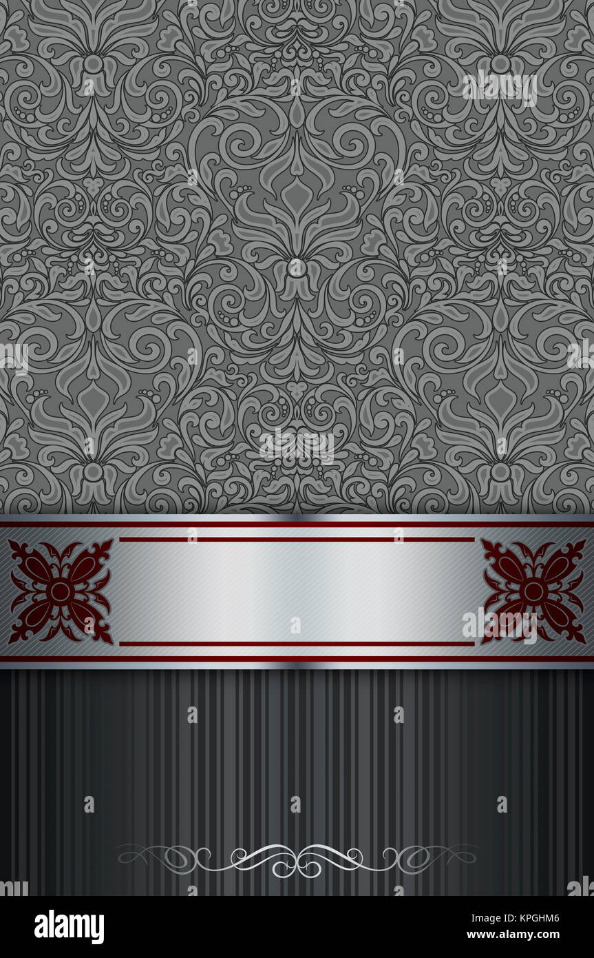 Decorative silver background with floral pattern and border with ...