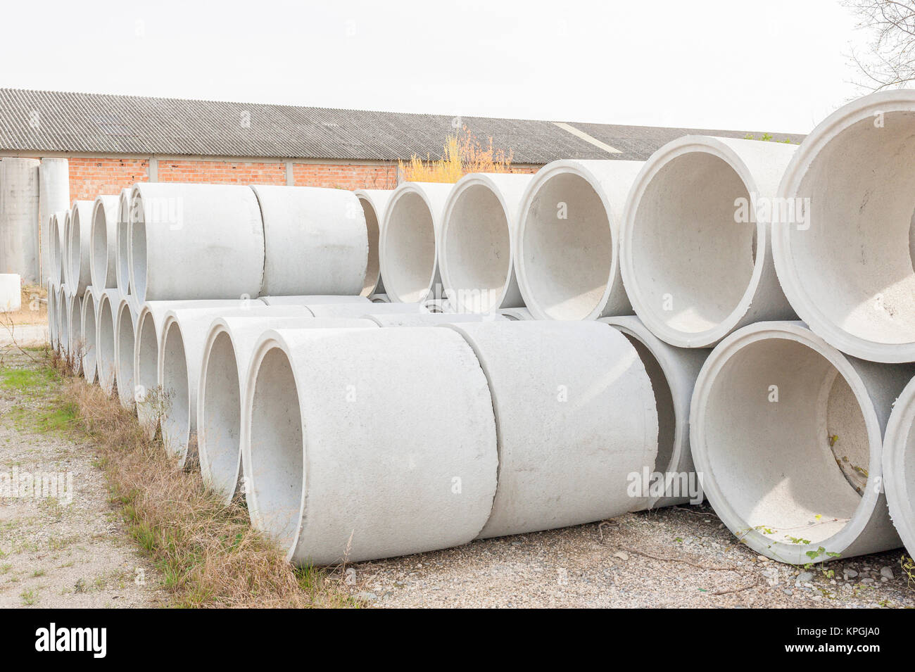 Concrete drainage pipes for industrial building construction Stock ...