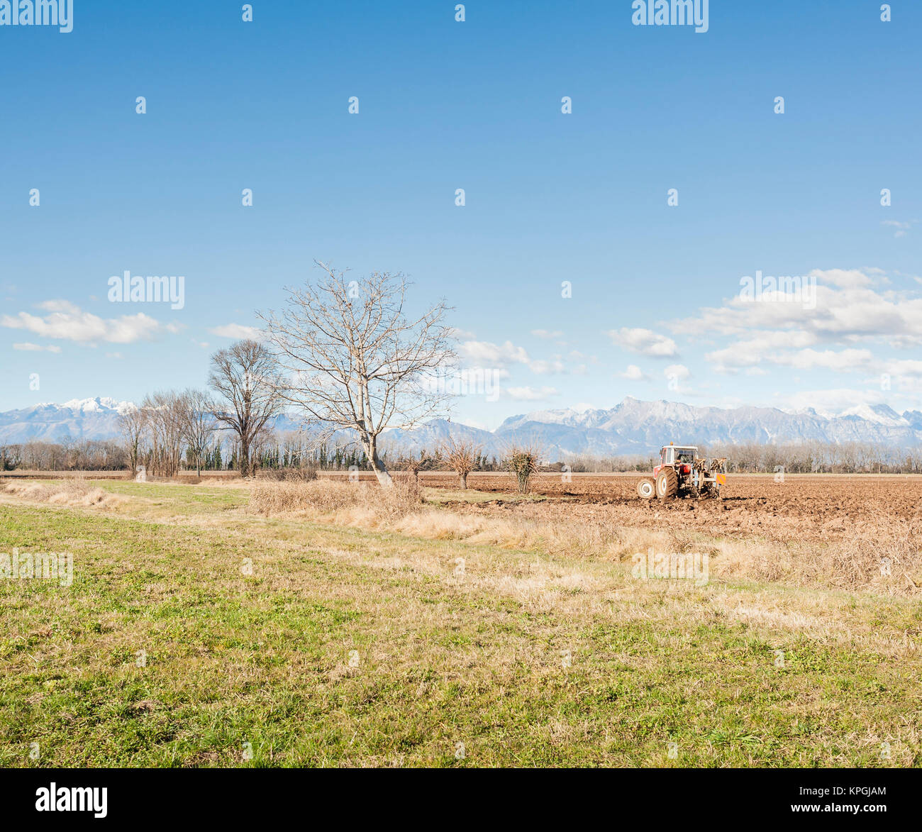 Agricultural landscape. With tractor plowing a field. The mountains in ...