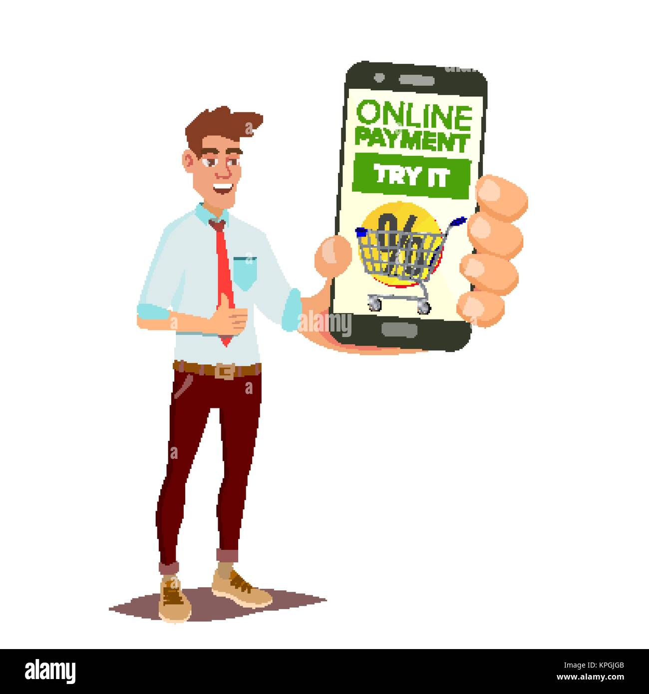 Online Payment Vector. Smiling Man Showing Smart Phone With Payments ...