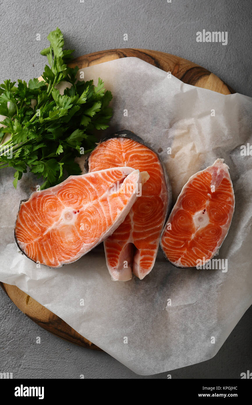 Raw fish salmon steaks, food cooking Stock Photo - Alamy