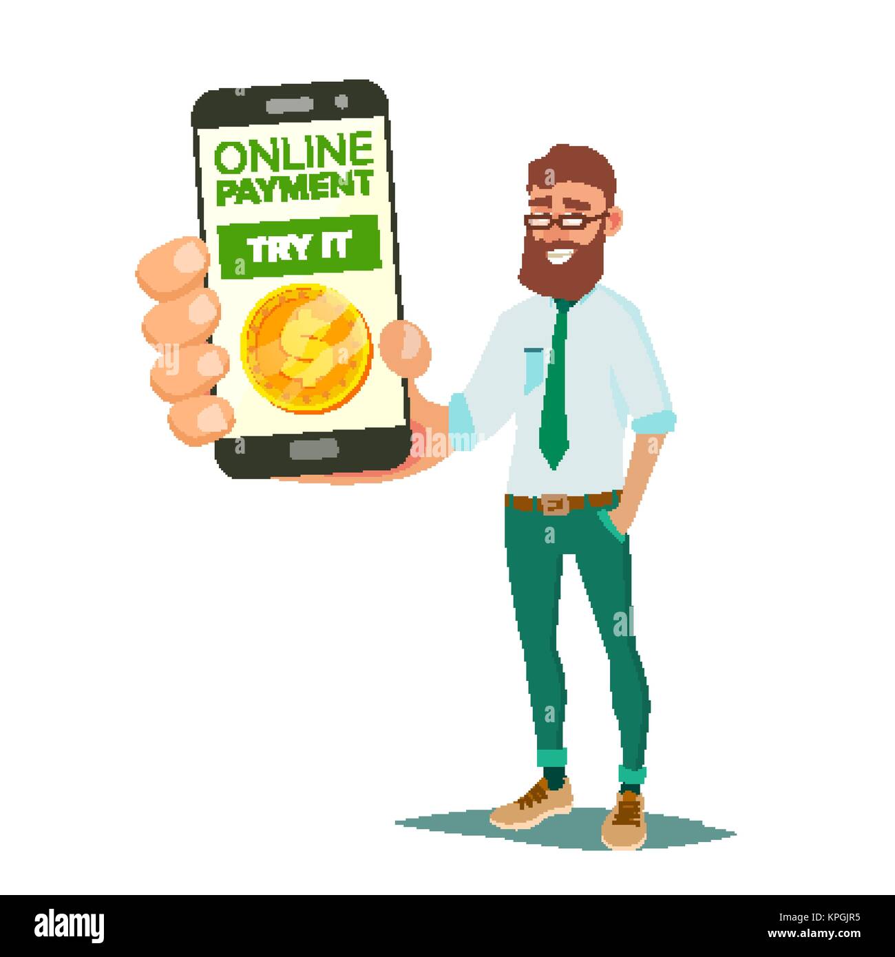 Online Mobile Payment Vector. Smiling Businessman Showing Smart Phone ...