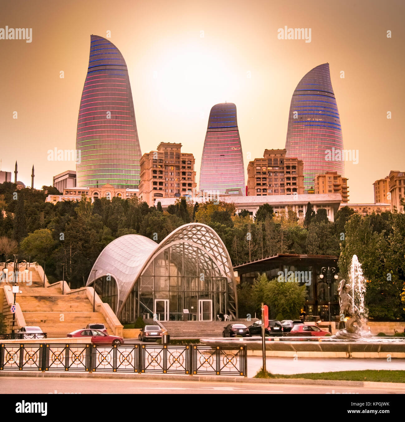 BAKU, AZERBAIJAN -OCT 3, 2016: Flame Towers skyscraper on sunset in ...
