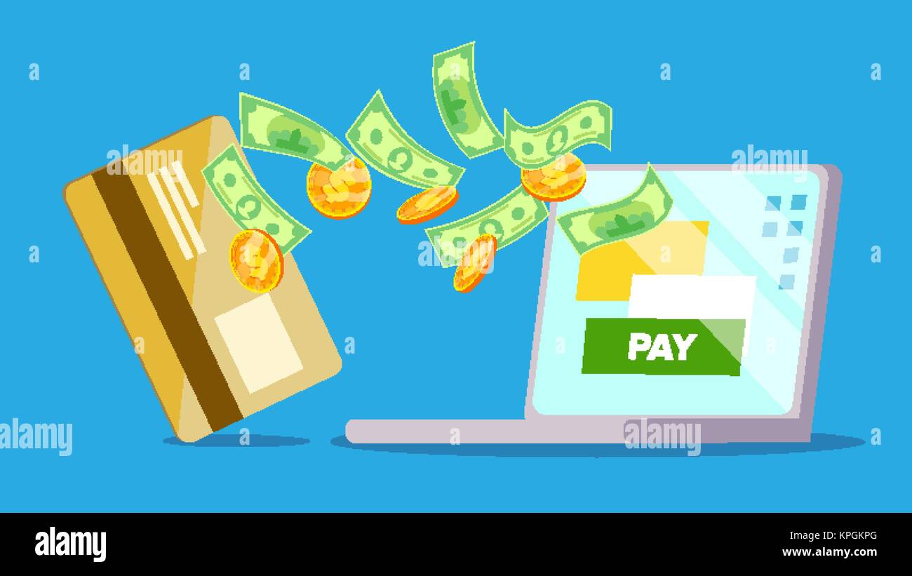 Laptop Payment Vector. Dollars, Card, Laptop Screen. Payment To Sell ...
