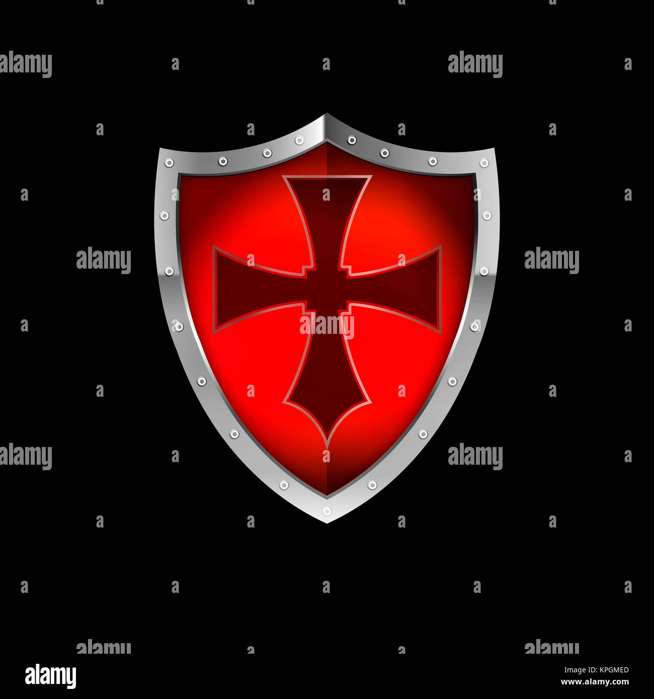 Medieval red shield with cross and silver riveted border. Isolated on ...