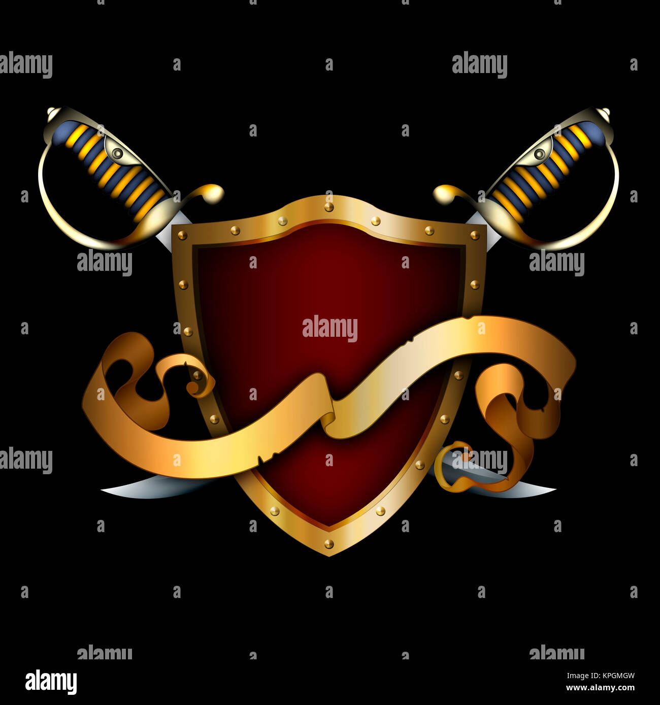 Medieval gold shield with two sabres and gold ribbon on black ...