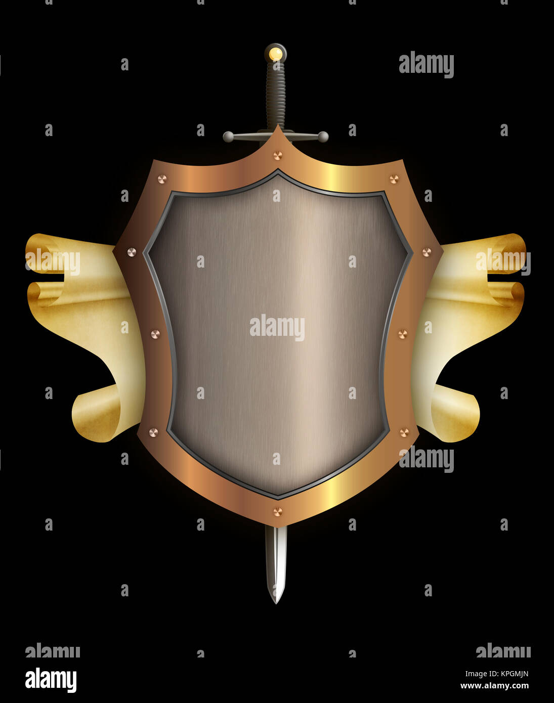 Medieval shield with gold riveted border,sword and parchment scroll on ...