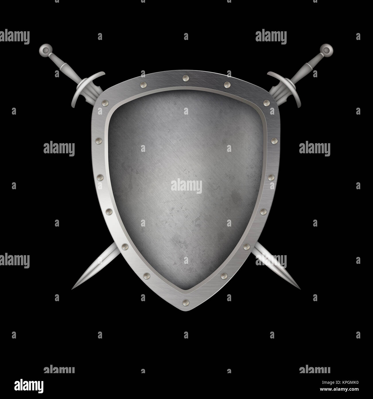 Medieval silver shield with riveted border and two swords. Isolated on ...