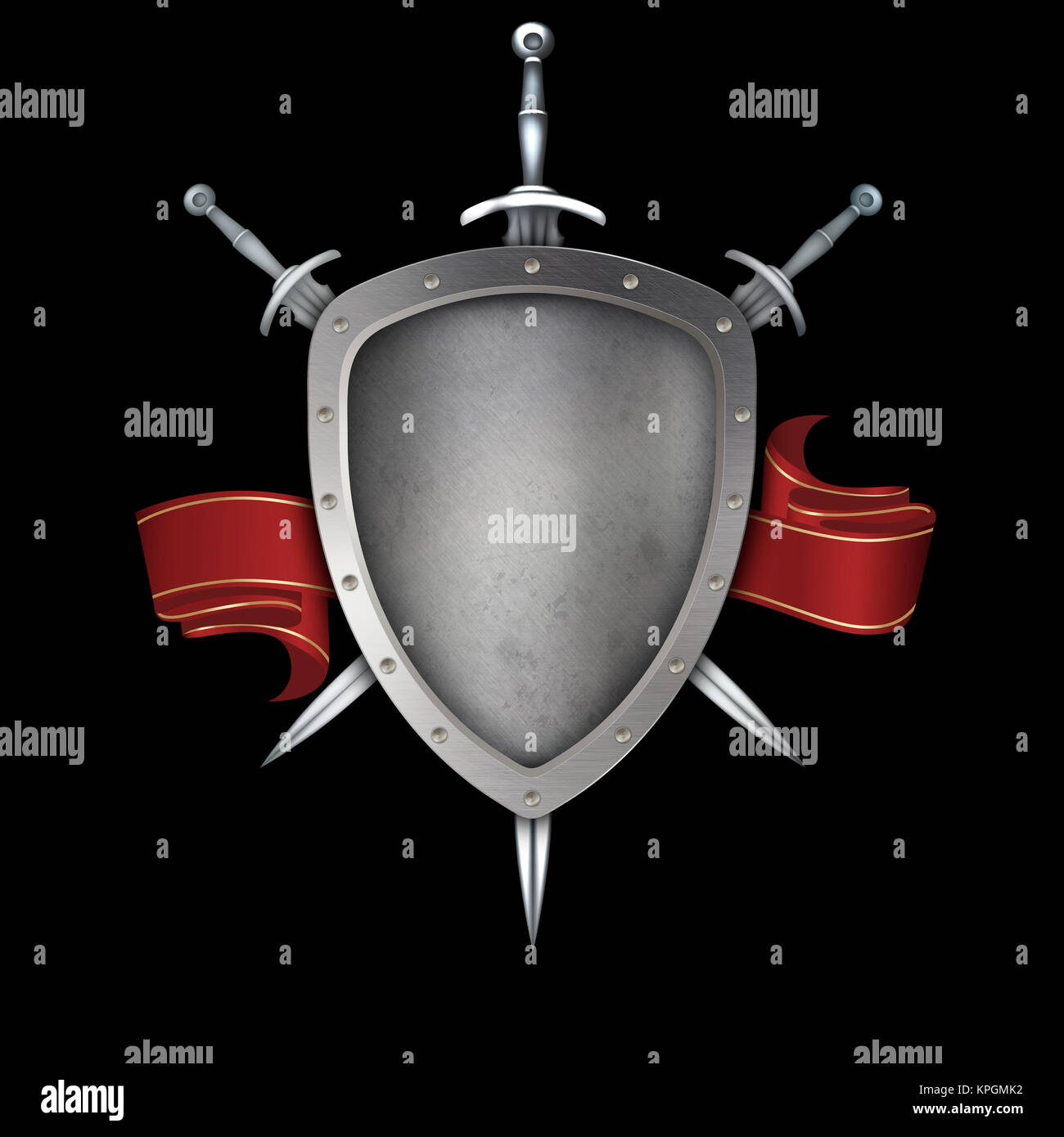 Heraldic riveted shield with red ribbon and swords Stock Photo - Alamy