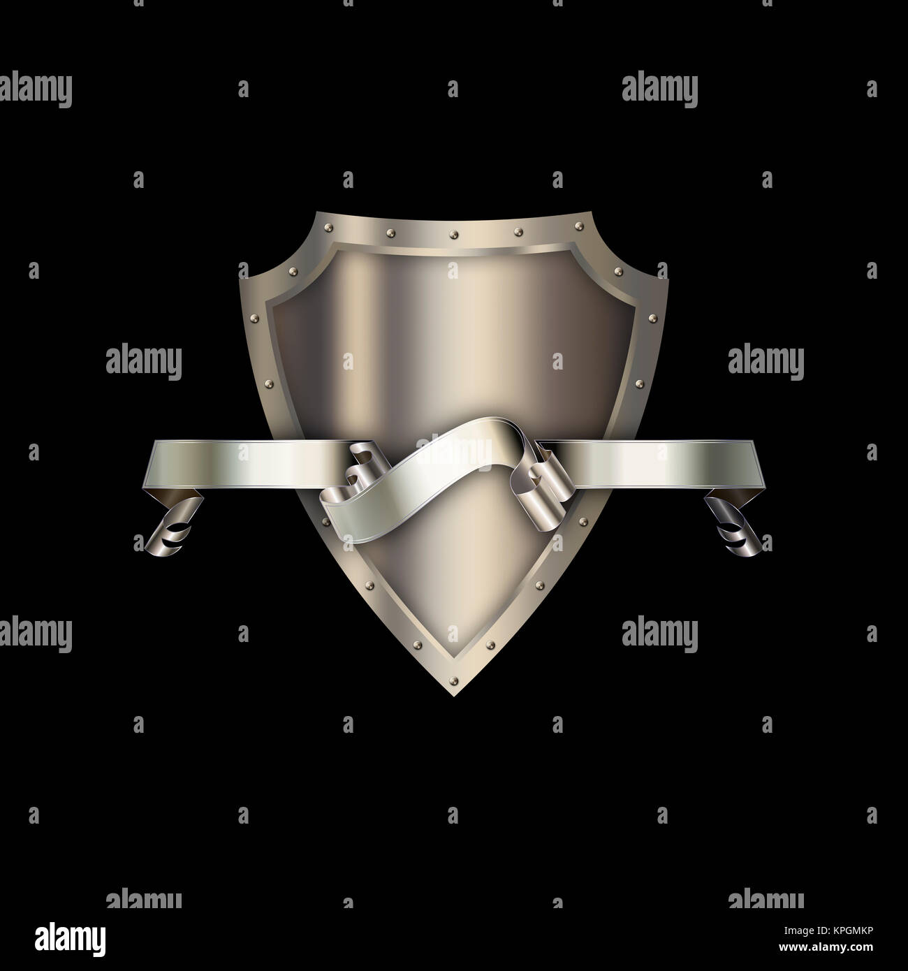 Medieval riveted shield with silver ribbon on black background Stock ...