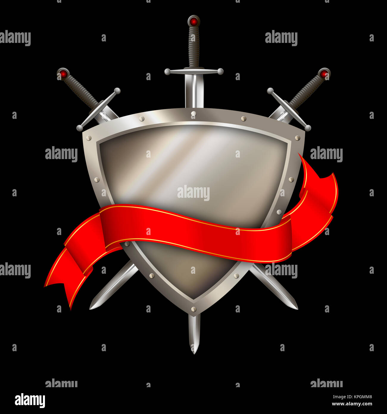 Medieval riveted shield with three swords and red ribbon on black ...