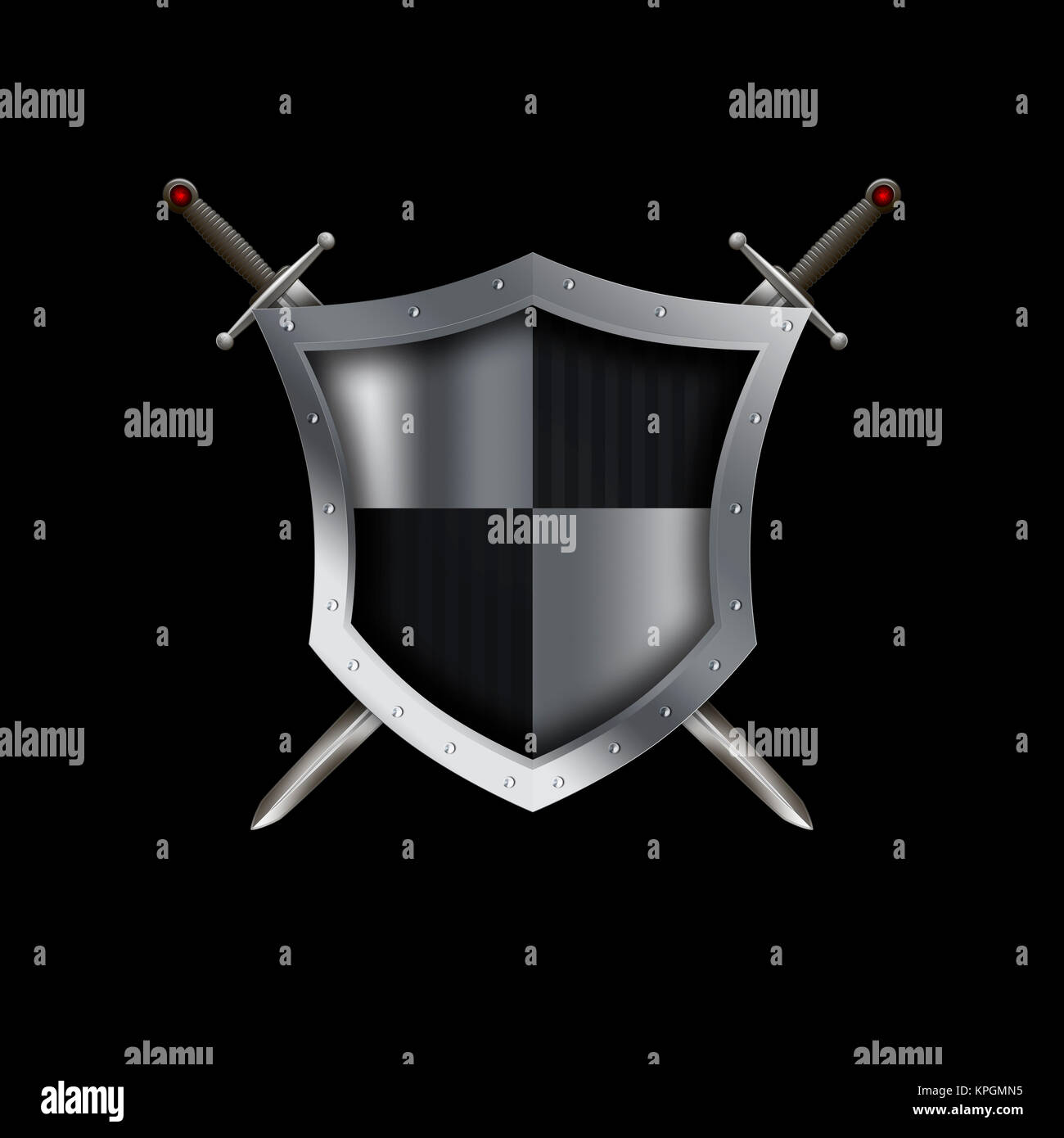 Silver shield with riveted border and two swords on black background ...