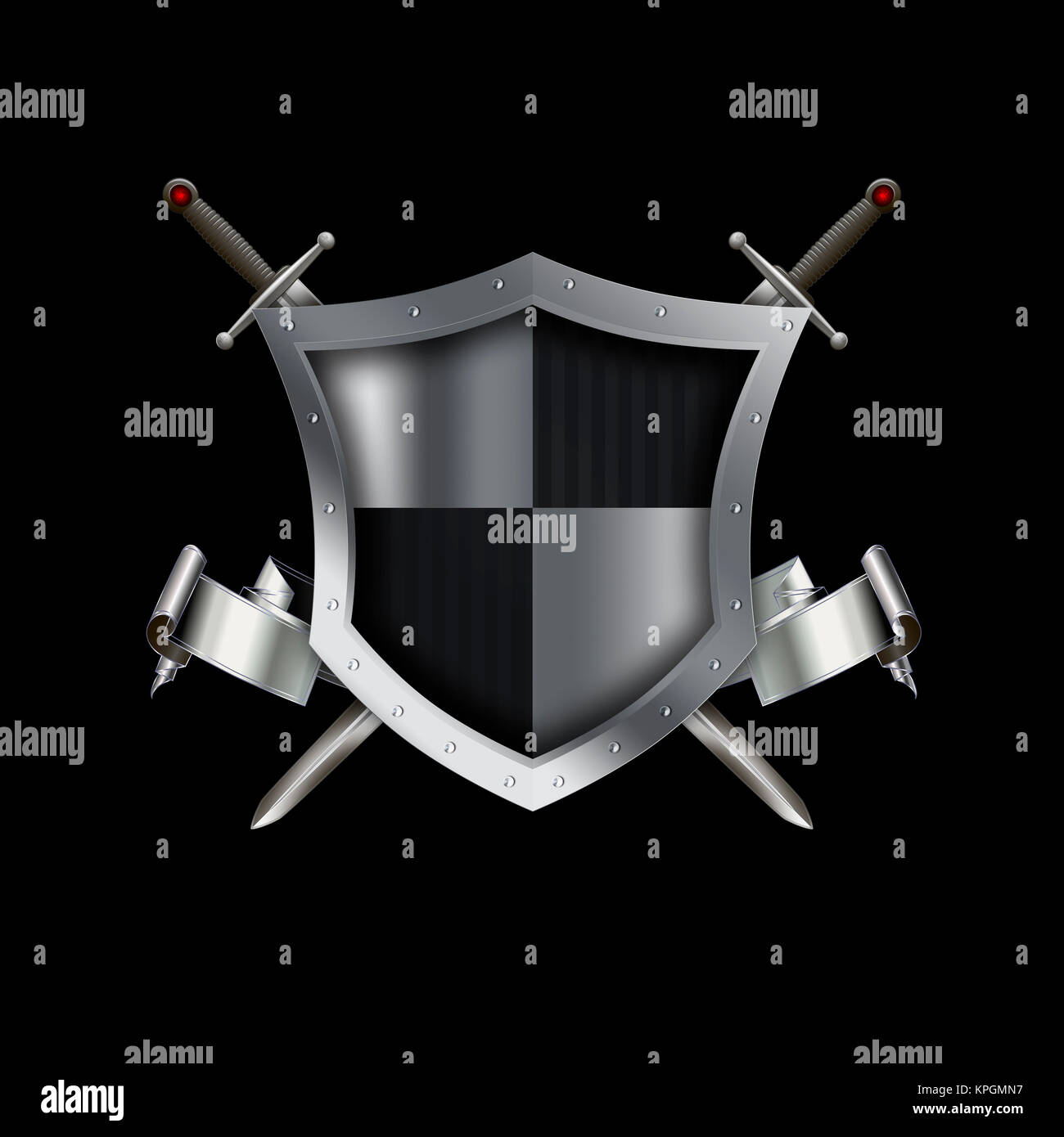 Silver shield with elegant silver ribbon and two swords on black ...