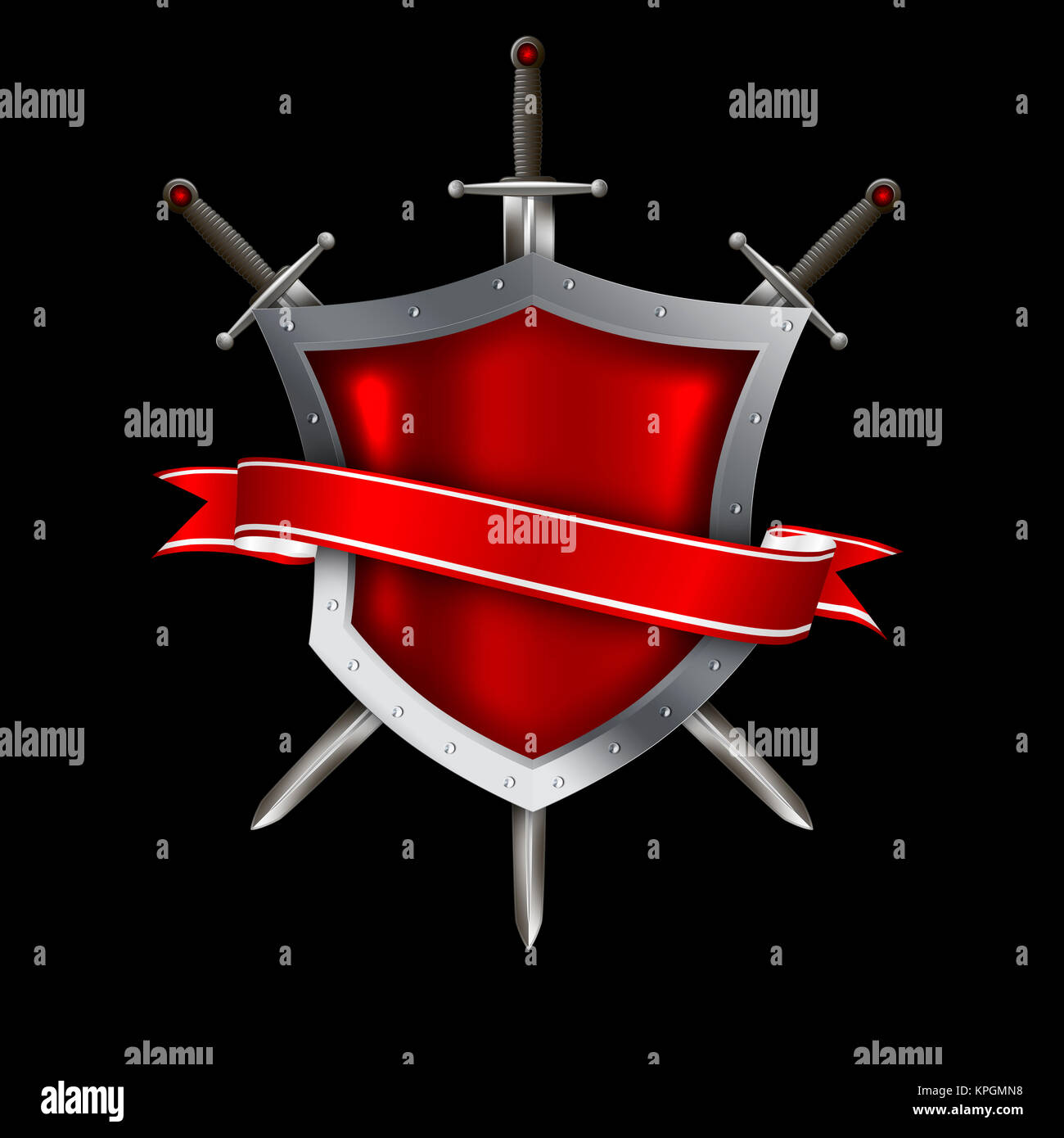 Red shield with elegant red ribbon and swords on black background Stock ...