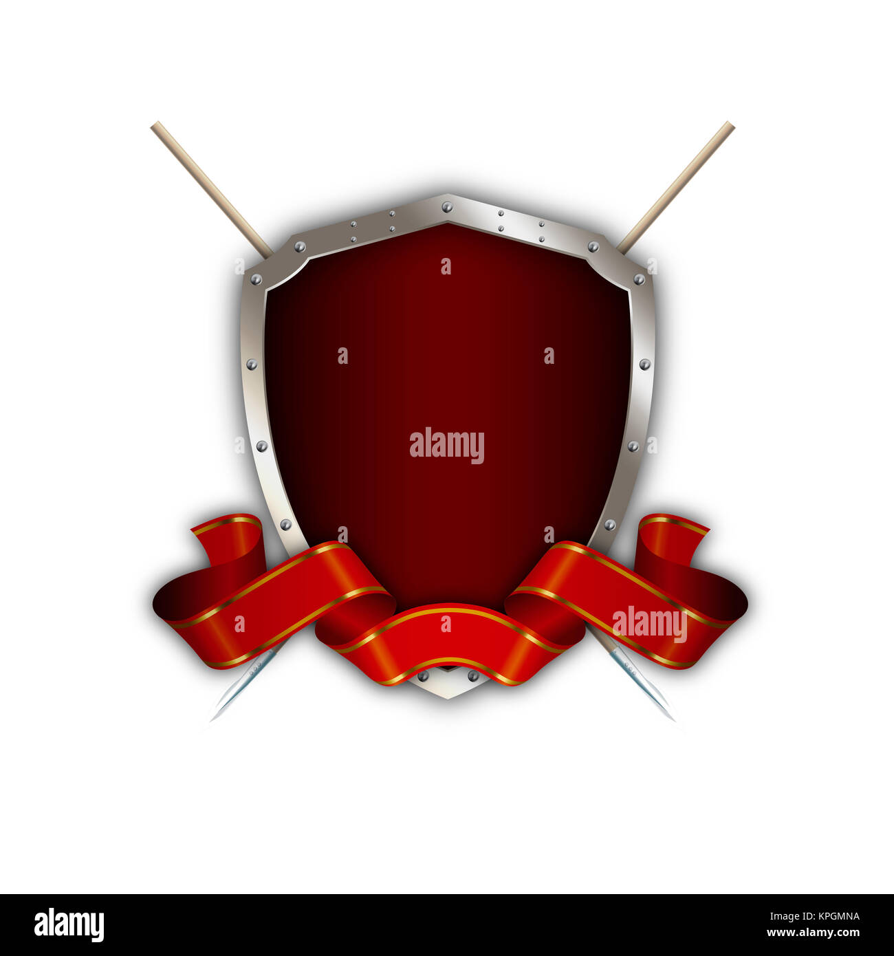 Red medieval shield with chrome rivetd border and red ribbon with two ...