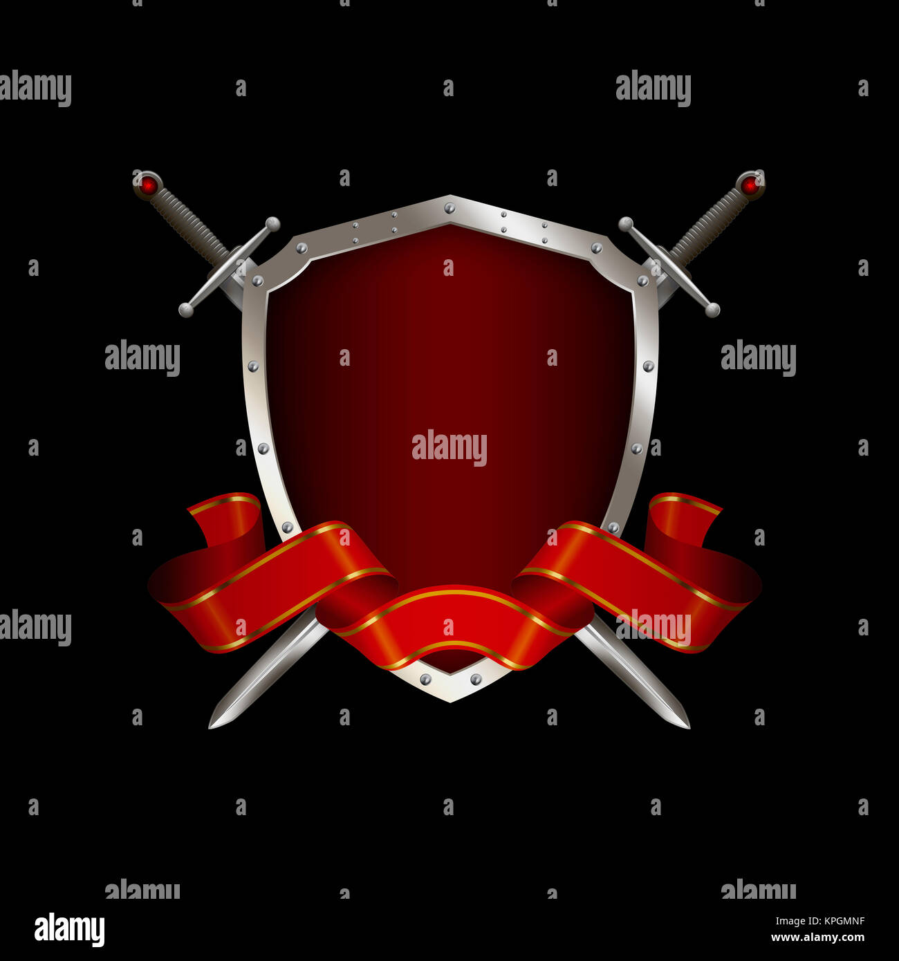 Red shield with two swords and red ribbon on black background Stock ...