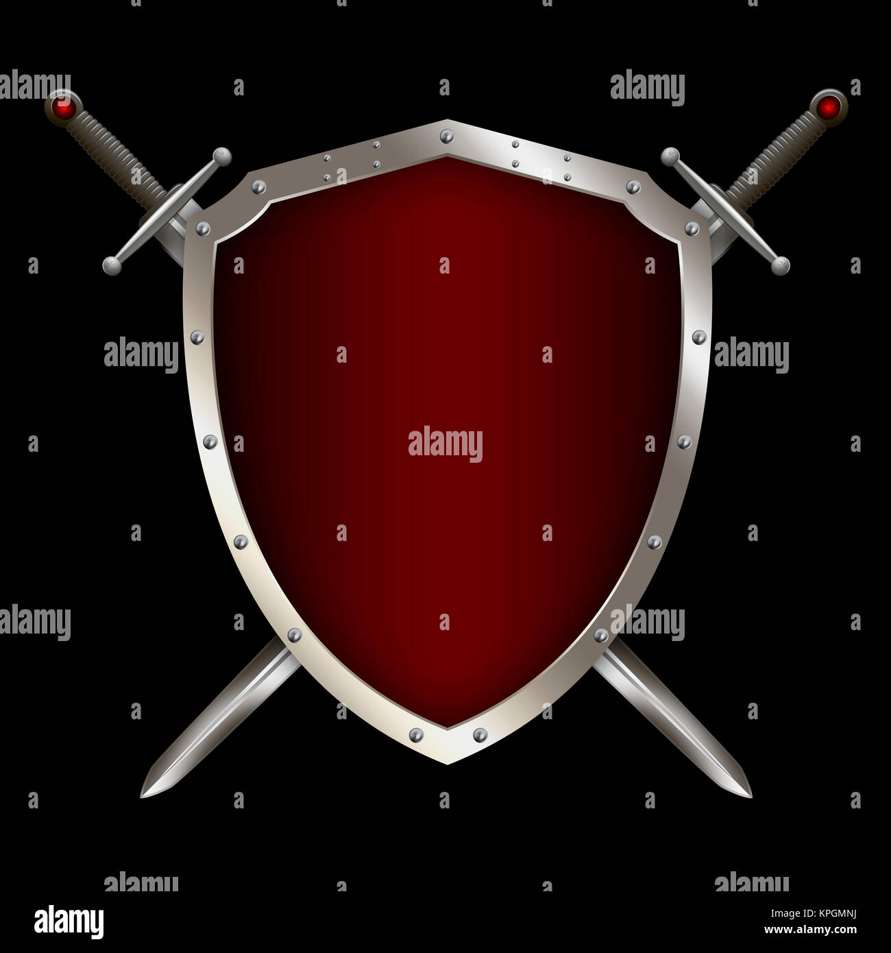 Medieval red shield with riveted border and two swords on black ...
