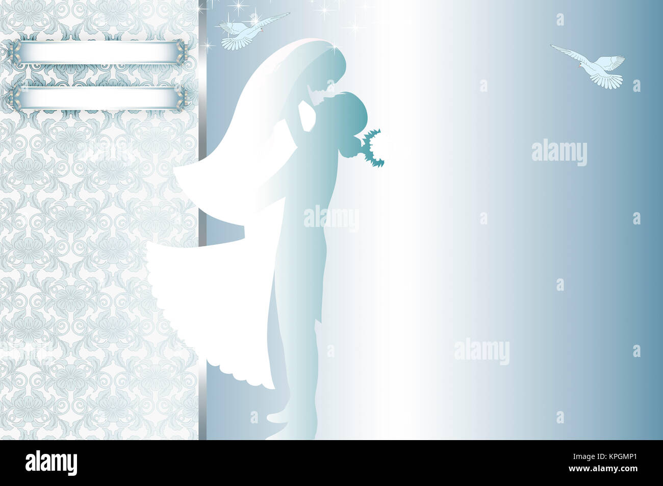 Decorative wedding background with gold rings,silhouette of newlyweds ...