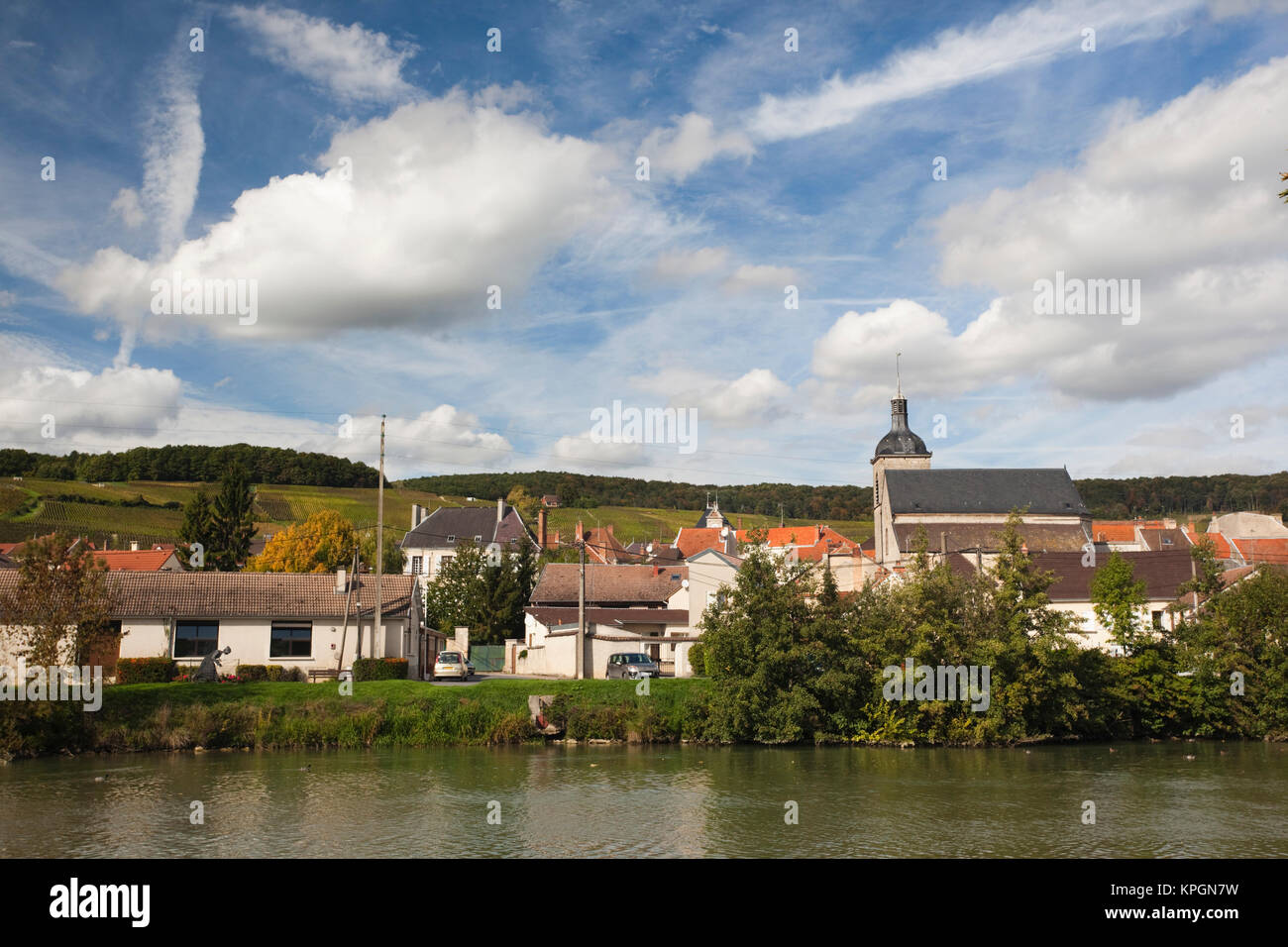 France, Marne, Champagne Region, Cumieres, town riverfront on Marne ...
