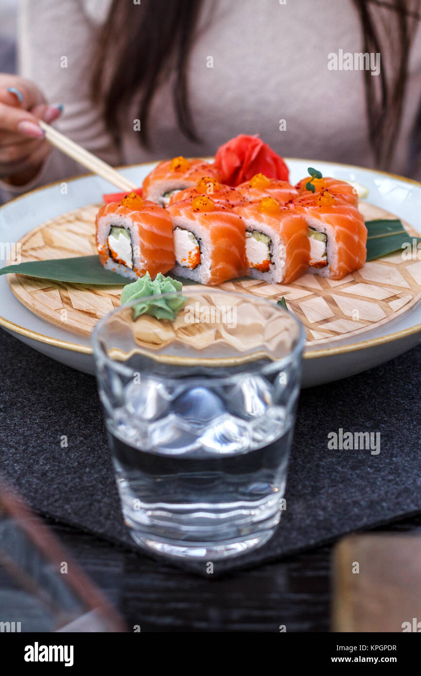 Fresh sushi on a platter is cooled with ice Stock Photo - Alamy